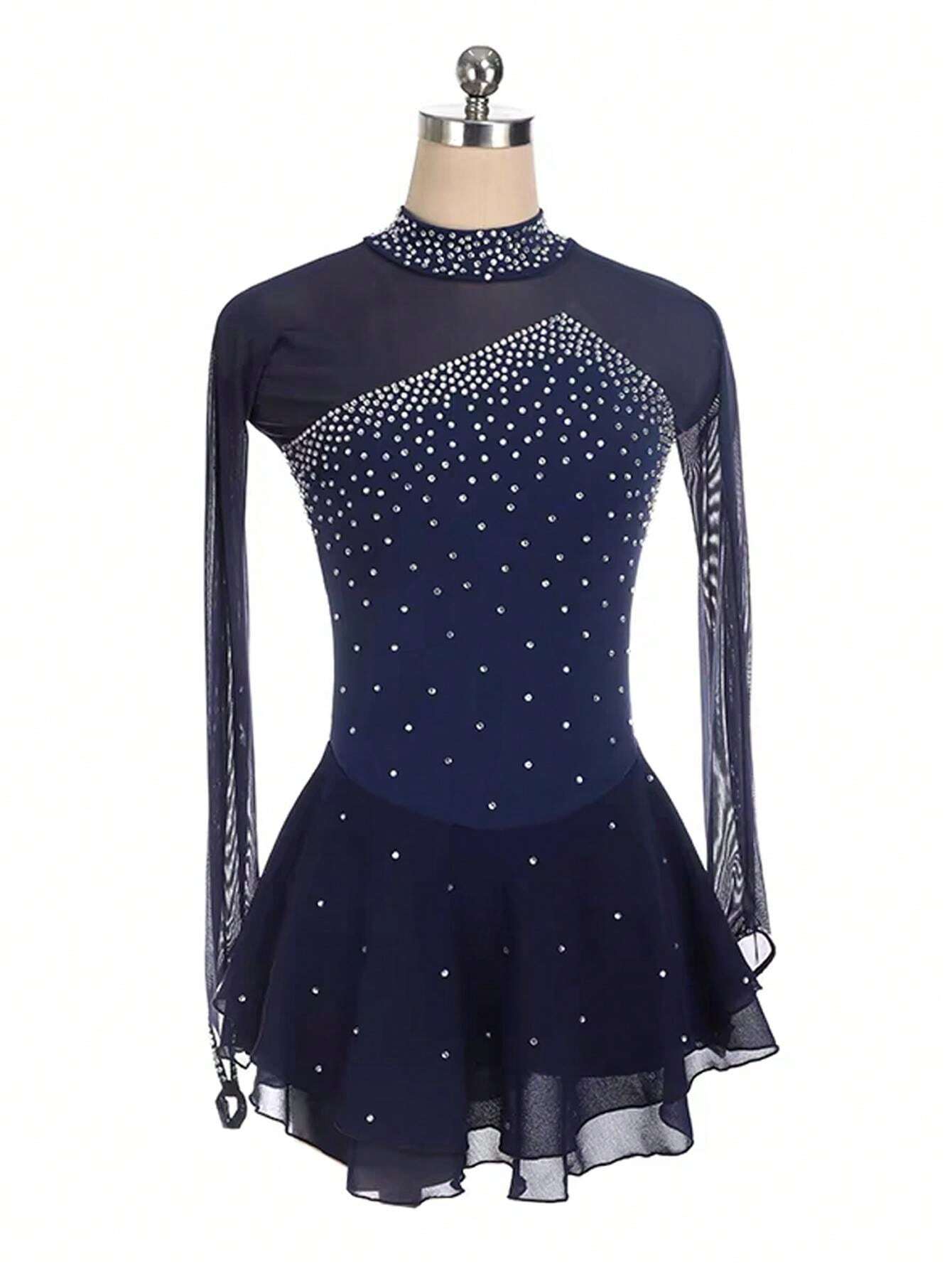 Figure Skating Performance Costume Black Gauze Rhinestone Backless ...