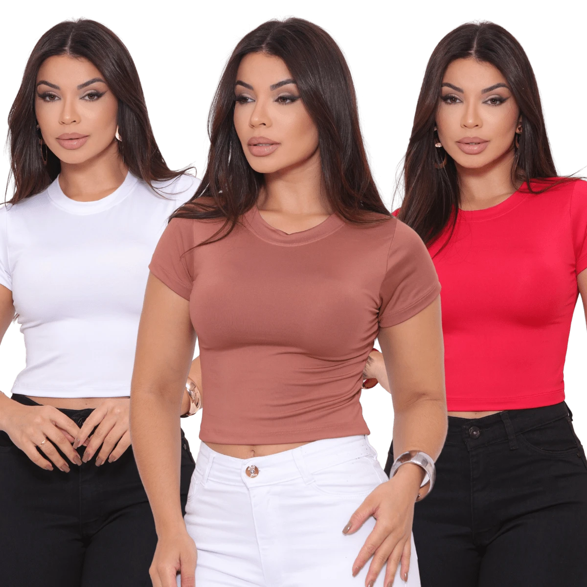Kit 3 Cropped Basic Suplex Blouse Plain Short Sleeve Various Colors ...