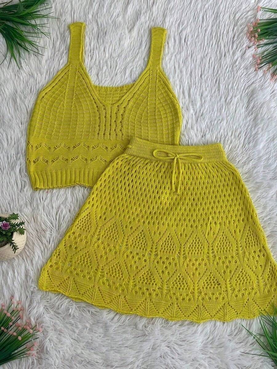 Women's Knitted Beach Cover-Up Set Summer 2025 | Lace Knit Skirt And ...