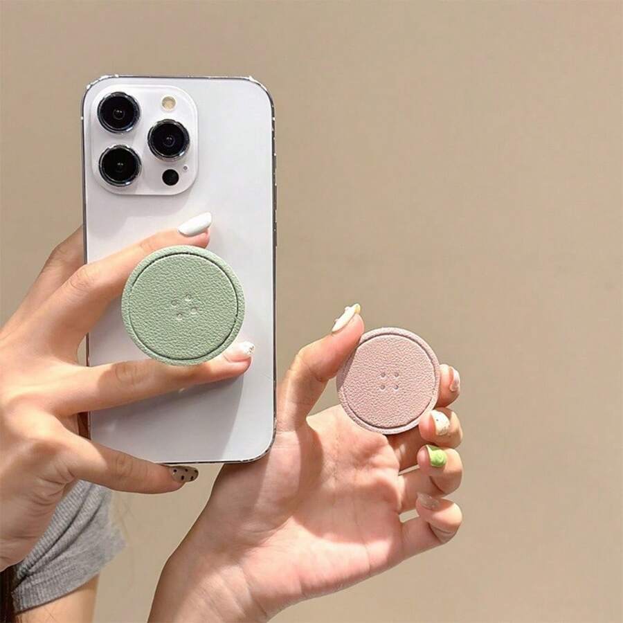 Circular Button Solid Color Simple Leather Phone Airbag Holder With ...