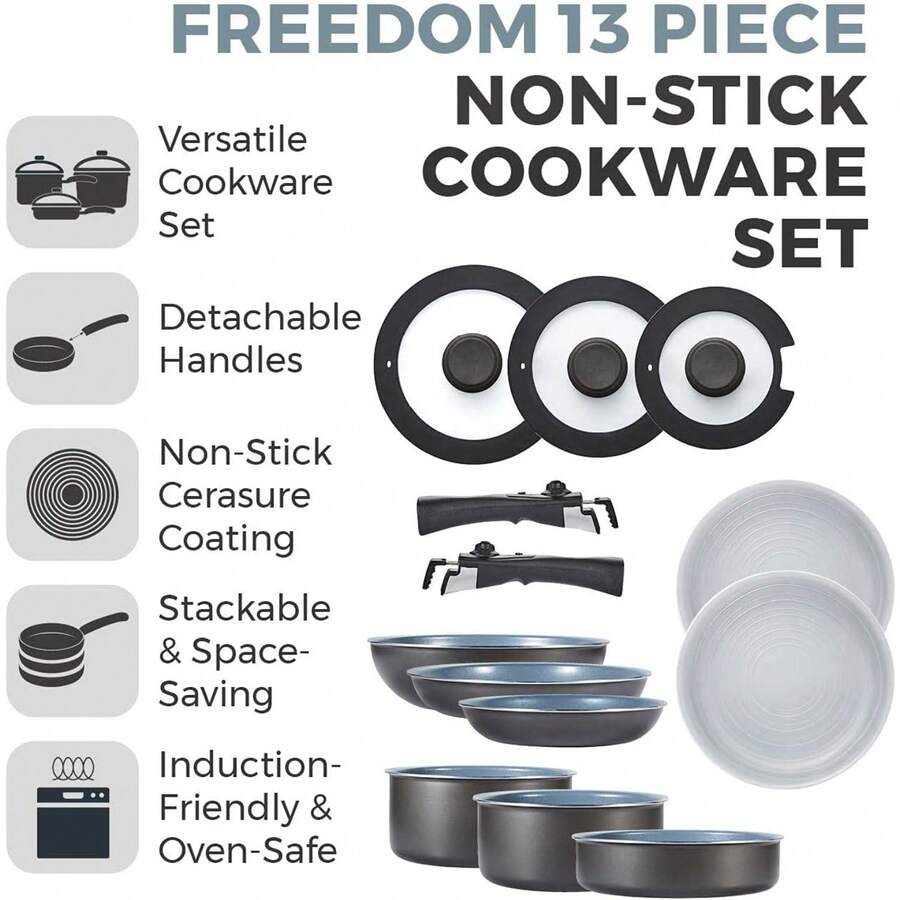 Freedom T800200 13 Piece Cookware Set With Ceramic Coating, Stackable ...