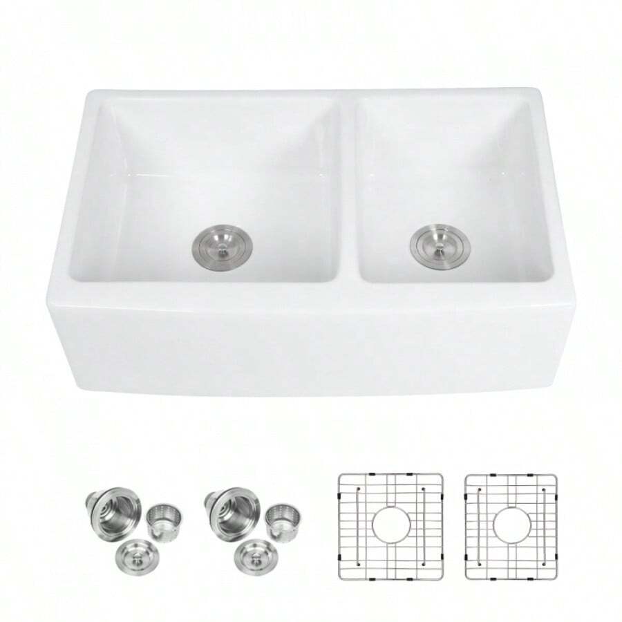 32" Undermount Double Bowl Ceramic Kitchen Sink - Dual Mount White ...