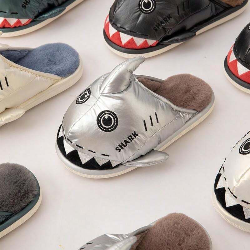 Shark Design Thermal Slippers For Men, Shiny Cartoon Thick Bottom Plush ...
