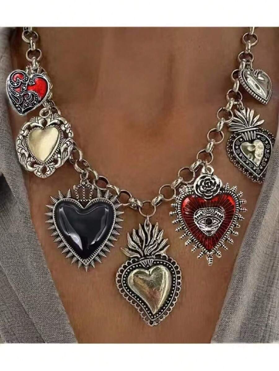1PC Gothic Chunky Chain Charms Flaming Heart Statement Necklace Evil ...