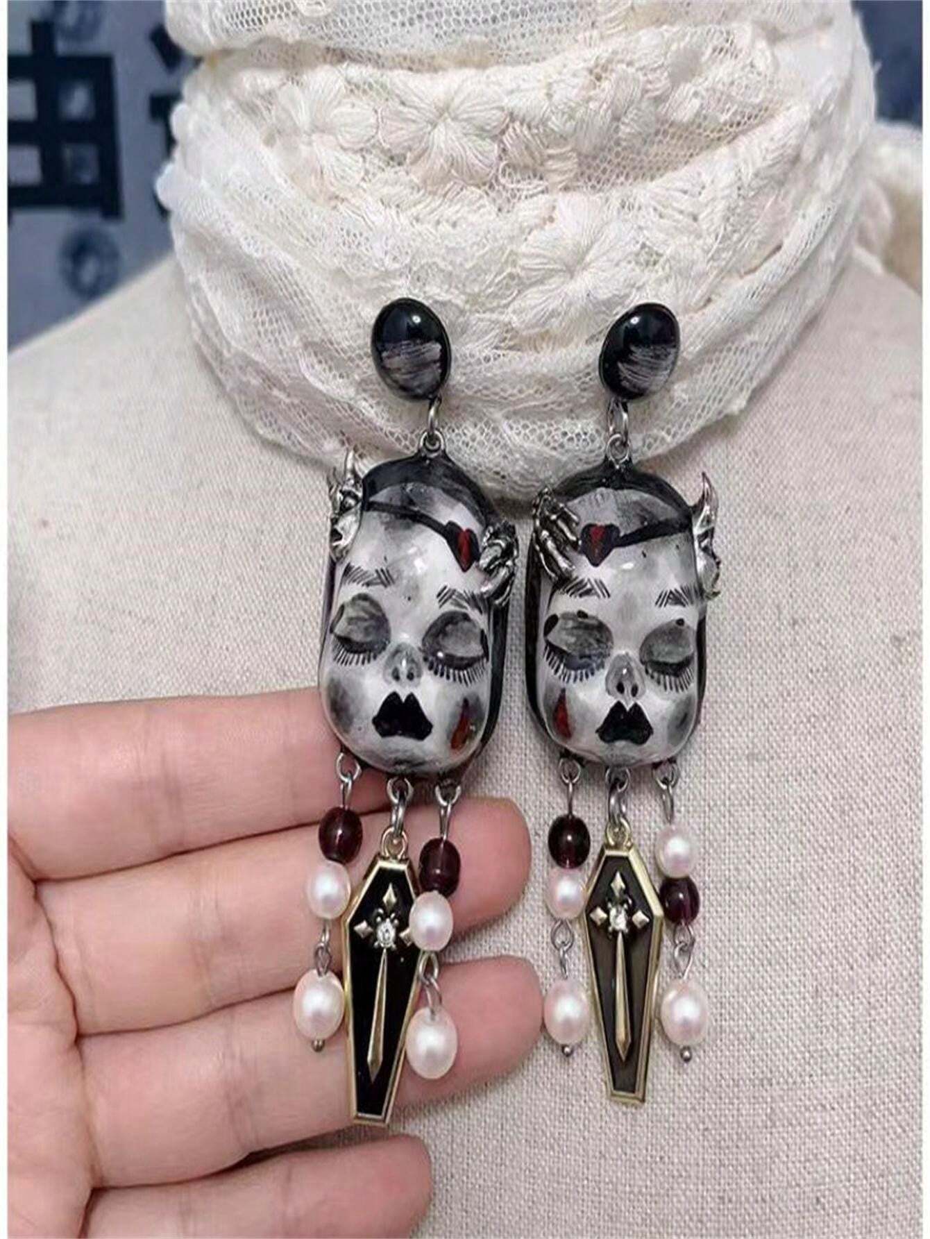 Handmade Vintage Goth Dark Style Doll Clay Earrings, Dark Subculture ...