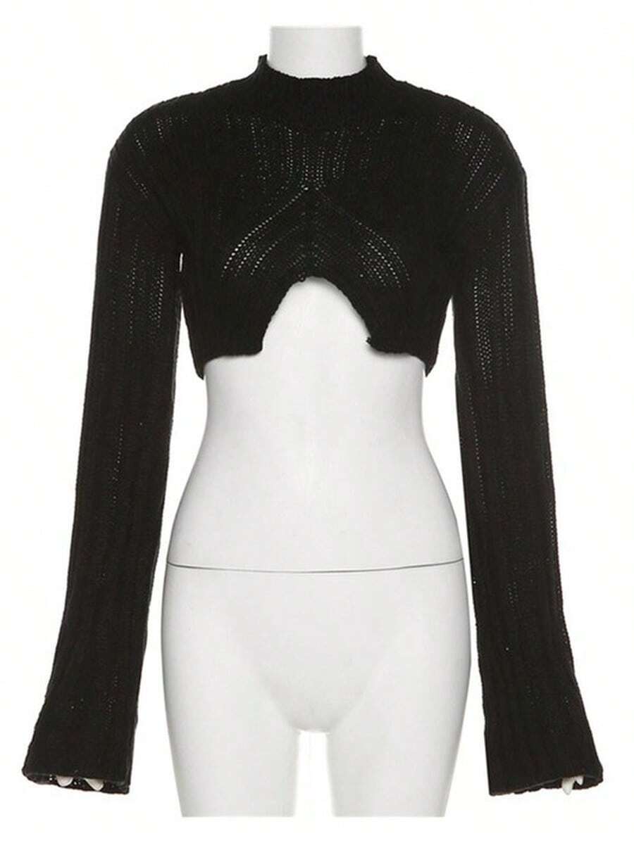 Women Bell Sleeve Shrug Sweater Top-Knit Cutout Crop Sweater-Black Long Sleeve Knitted Top ...