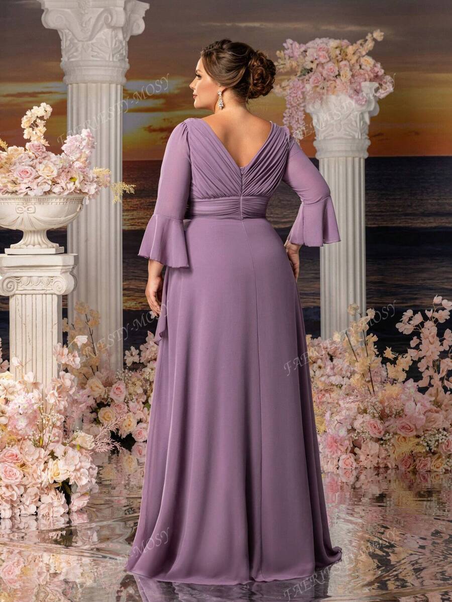 Plus Size Plunging Neck 3 4 Sleeves Asymmetric Ruffles Hem Chiffon
