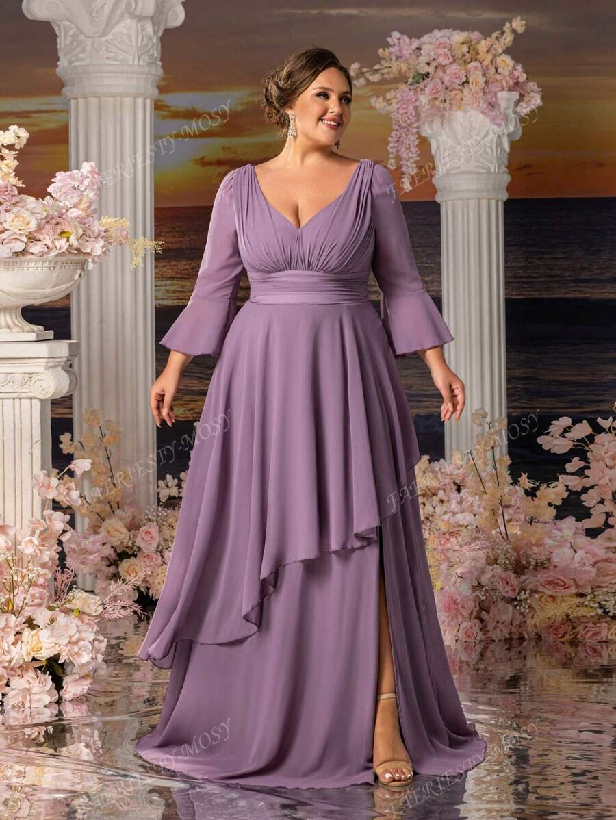 Plus Size Plunging Neck 3 4 Sleeves Asymmetric Ruffles Hem Chiffon