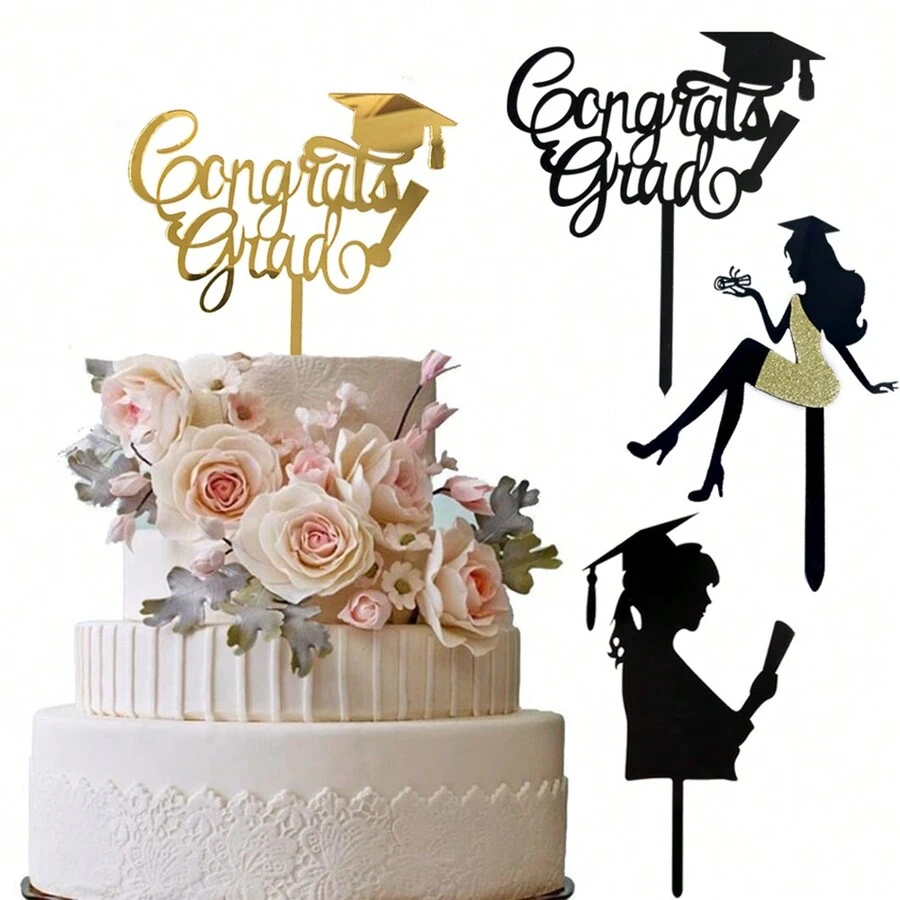 3pcs Black Gold Happy Graduation Cake Topper Graduation Party Acrylic ...