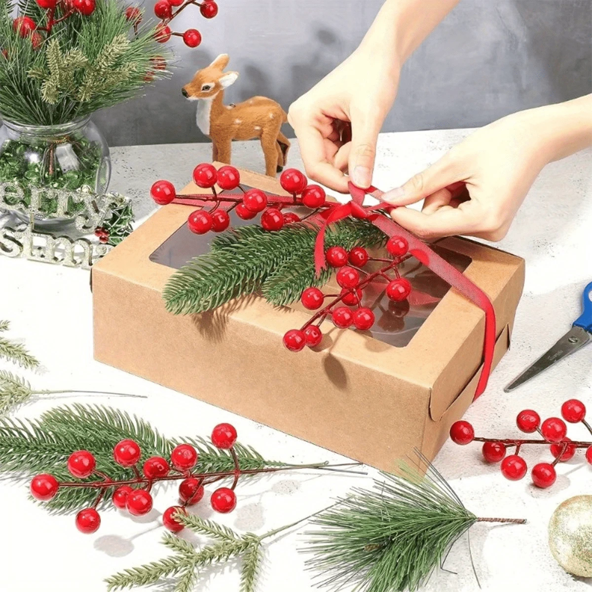 10pcs Artificial Christmas Sprigs With Red Berries - Plastic ...