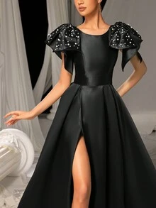 Faeriesty Elegantes Abendkleid aus Satin mit soliden Perlendetails ...