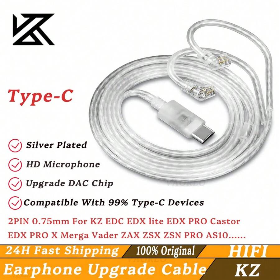 KZ シルバーメッキイヤホンアップグレードケーブル DAC デジタルデコード TypeC 0.75MMCピン HIFI ZSN PRO EDX ...