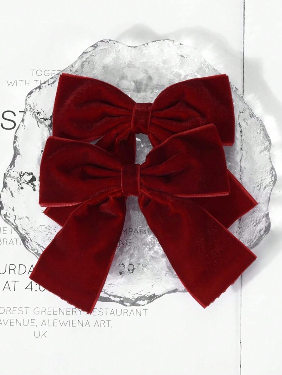 2PCS Velvet Burgundy Hair Bows Red Hair Ribbon Clips Big Fall Alligator ...