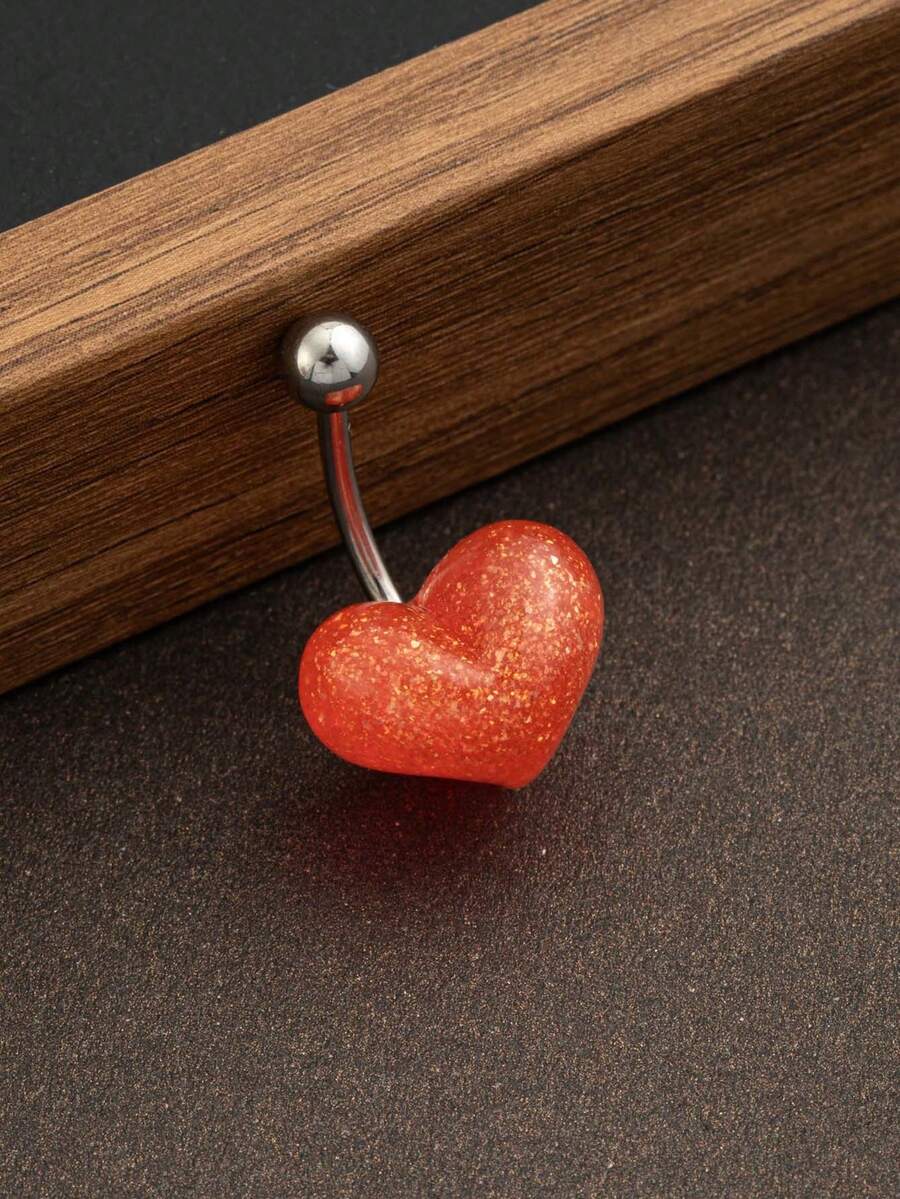 1 Pc Fashion Women's Orange Heart Shaped Sequin Belly Button Studs Stainless Steel ...