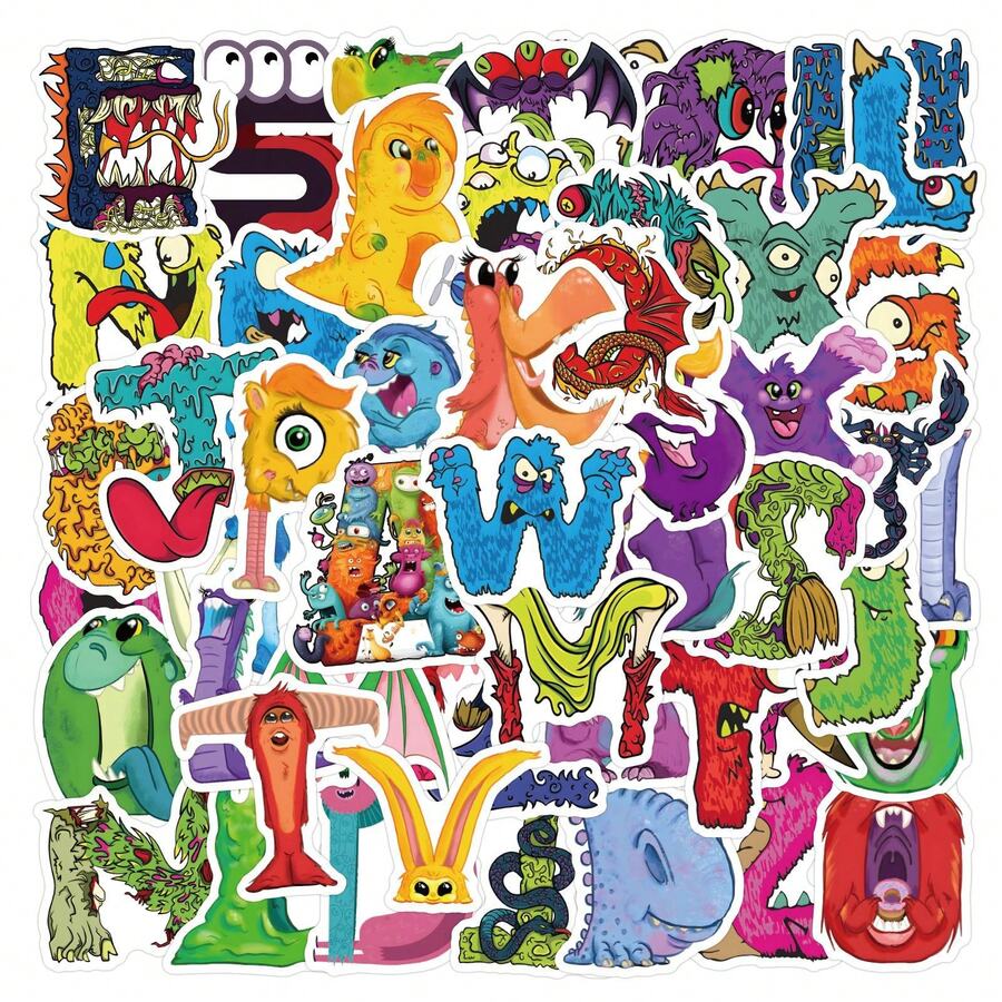 60Pcs Cartoon Monster Letter Stickers, Cartoon Monster Letter Vinyl ...