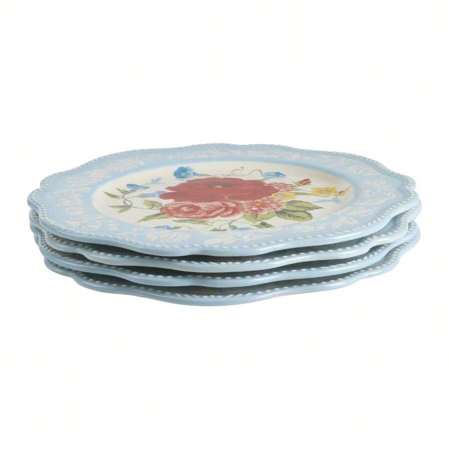 Sweet Rose Blue Ceramic 10.98-Inch Scalloped Dinner Plates, 4-Pack ...