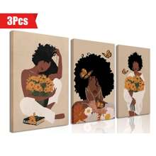 3pcs Wooden Framed Girl Bathroom Wall Art Boho Woman Posters Pictures African American Canvas ...