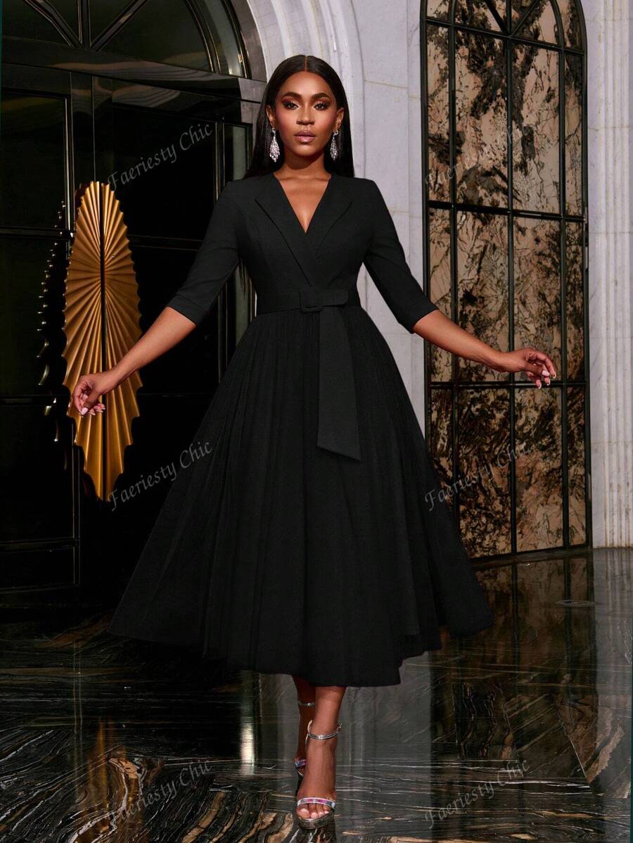 Faeriesty Elegant Surplice Neck Belted Cocktail Dress Midi Dress | SHEIN USA