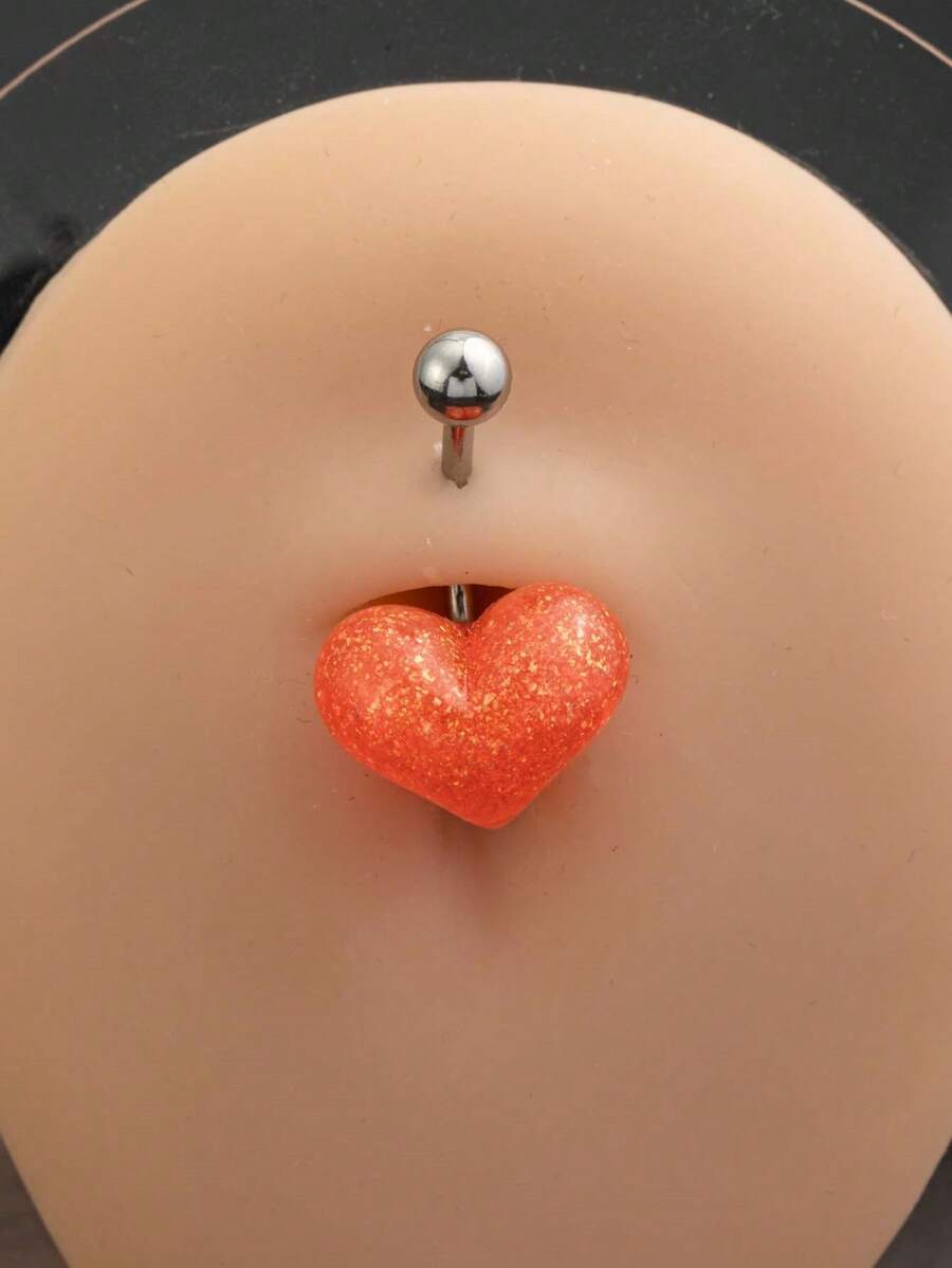 1 Pc Fashion Women's Orange Heart Shaped Sequin Belly Button Studs Stainless Steel ...