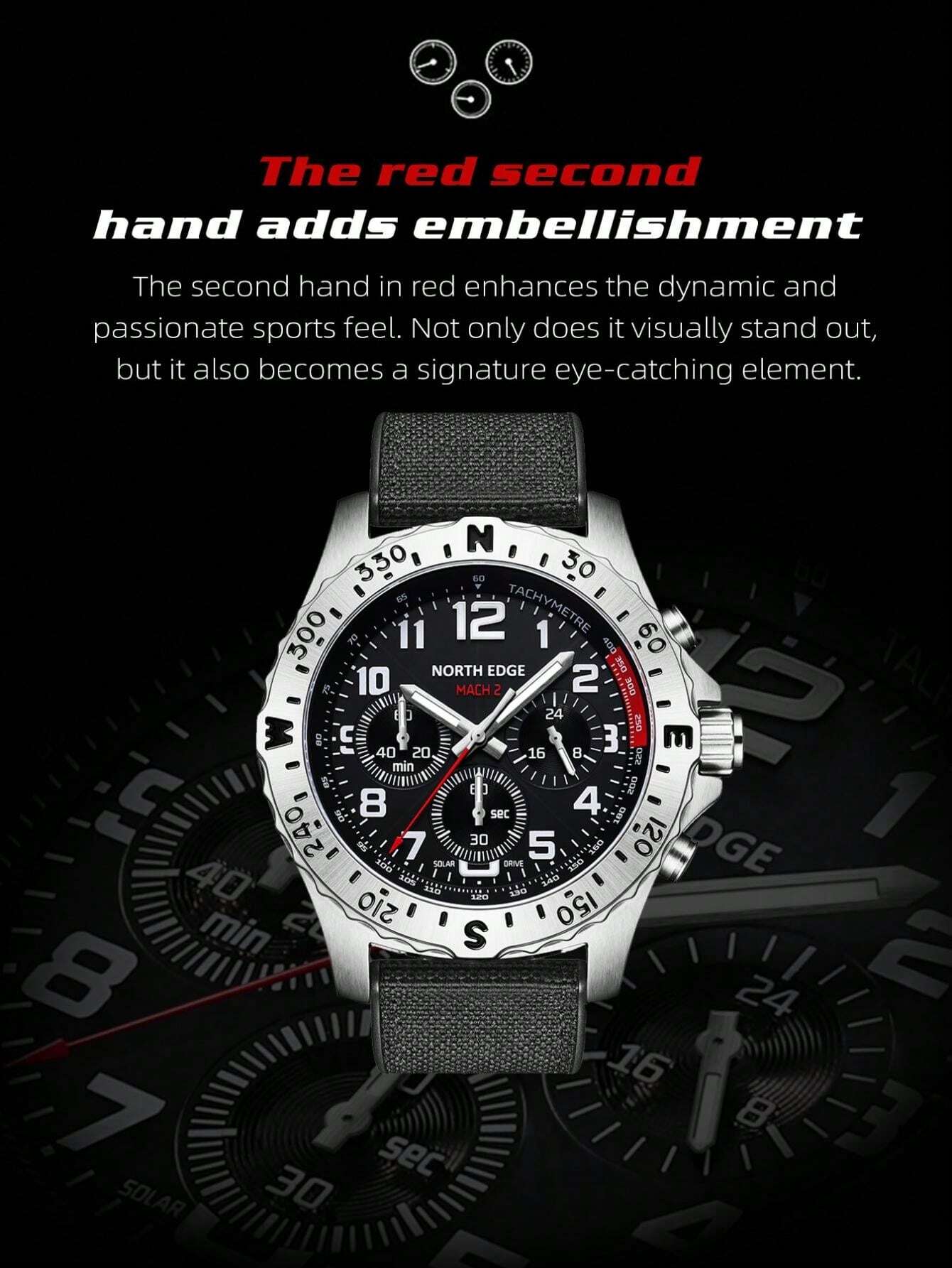 NORTH EDGE MACH-2 Solaruhr für Herren, wasserdicht bis 50M, Herren ...