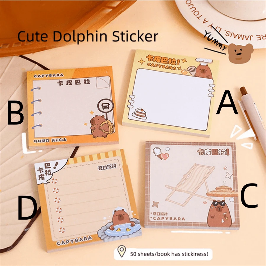 4 Books(1 Book With 50 Sheets) Cute Capybara Sticky Notes Tear-Off Memo ...