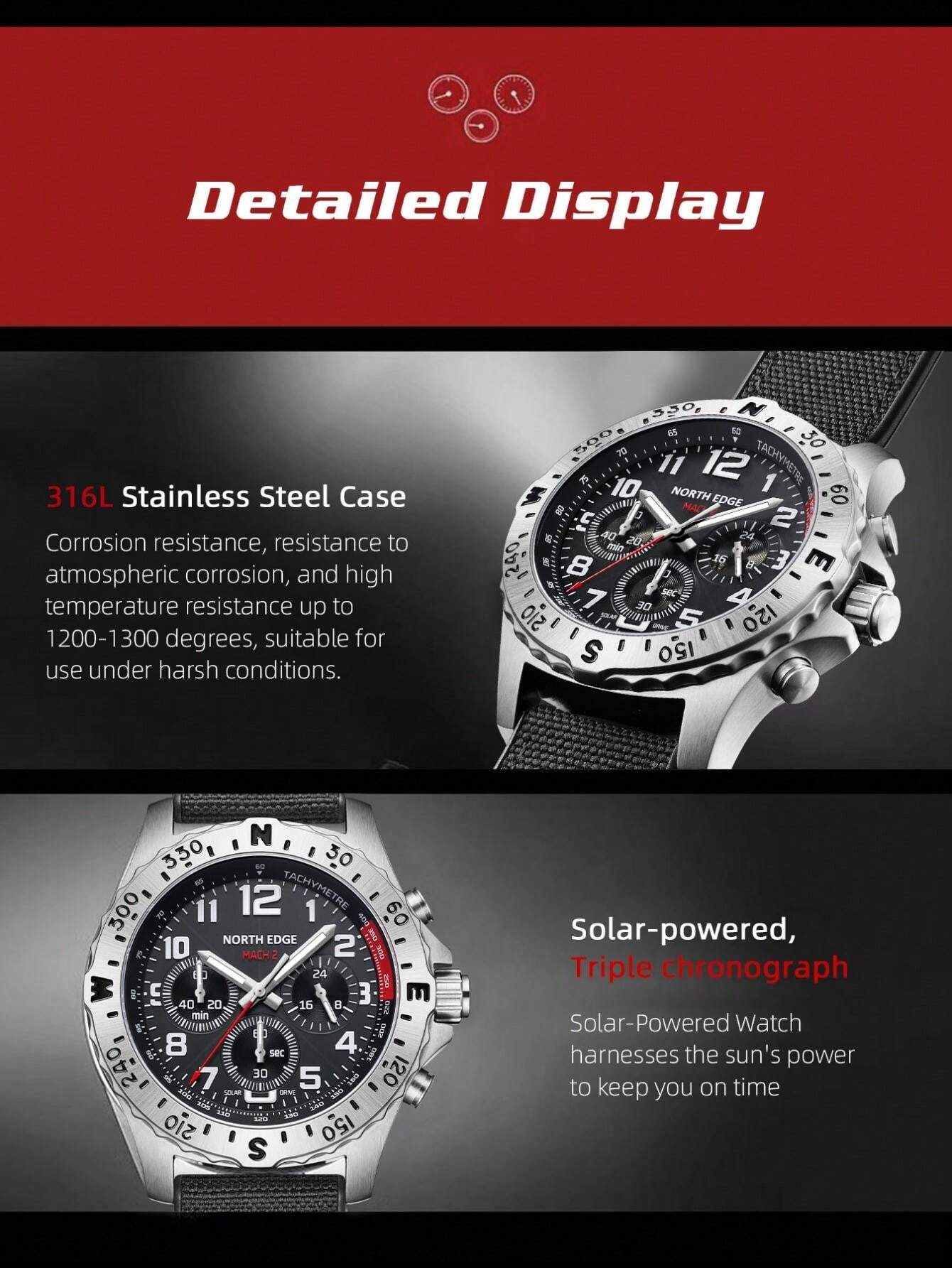 NORTH EDGE MACH-2 Solar Powered Watch For Men Waterproof 50M Men's ...