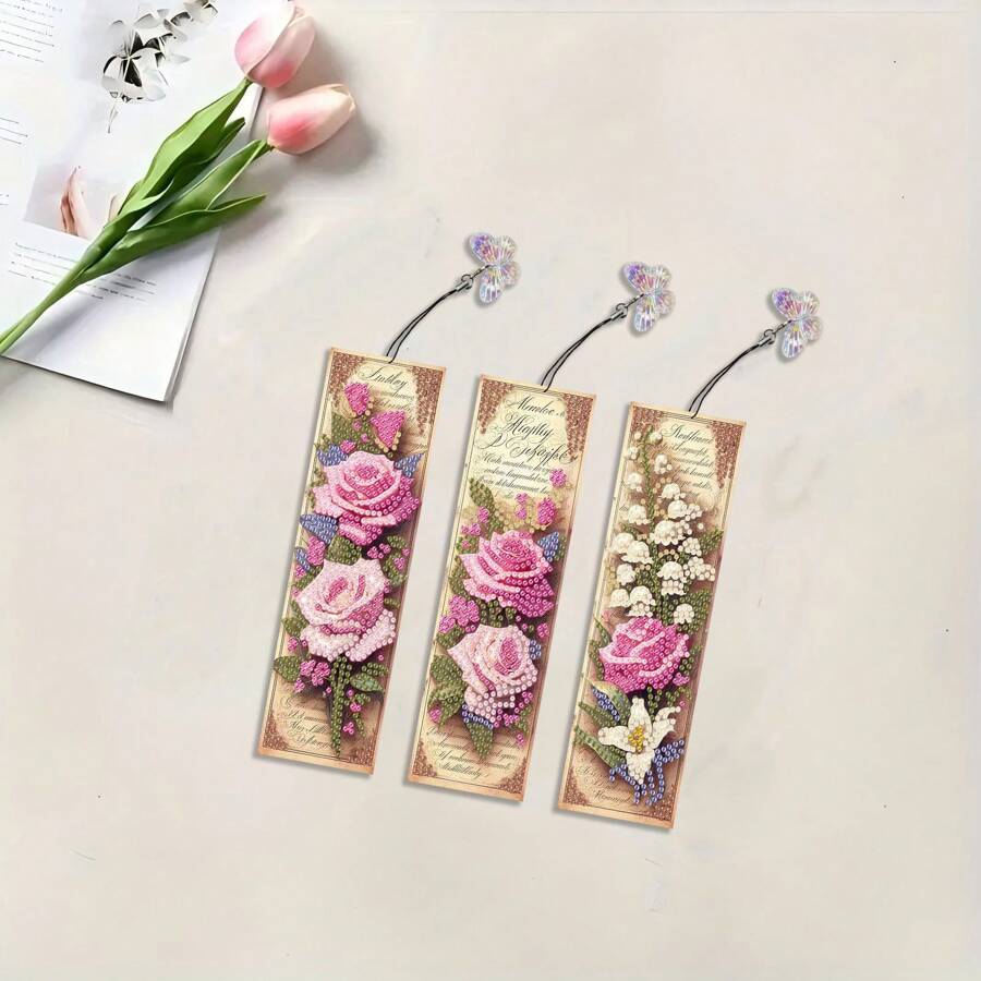 3pcs/Set DIY 5D Diamond Painting Bookmark Set, Floral Design ...