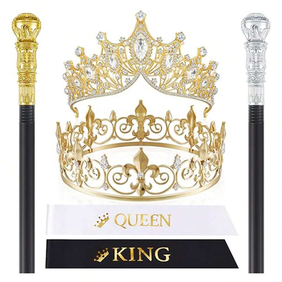 6 Pcs Prom King And Queen Crowns Set Halloween Costume Walking Cane ...
