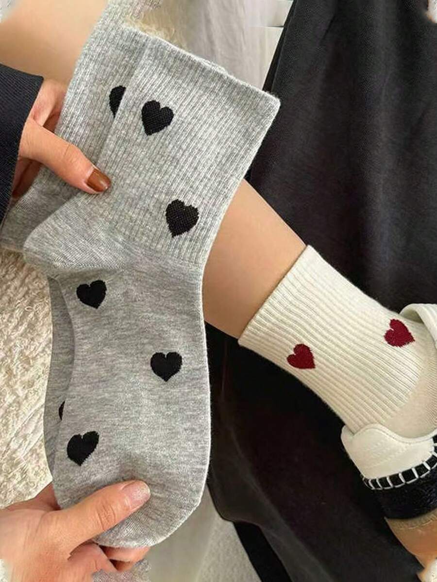 4 Pairs Women's Heart Pattern Crew Socks, Random Color, Cute & Trendy, Suitable For Autumn ...