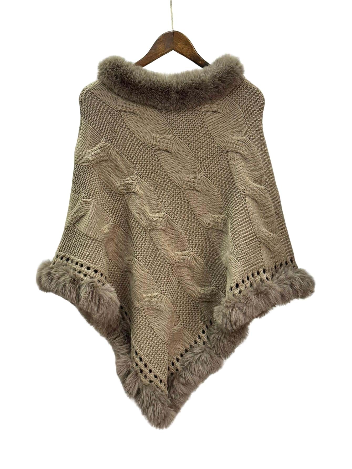 1 pieza Poncho-capa triangular de punto holgado con cuello de piel en ...