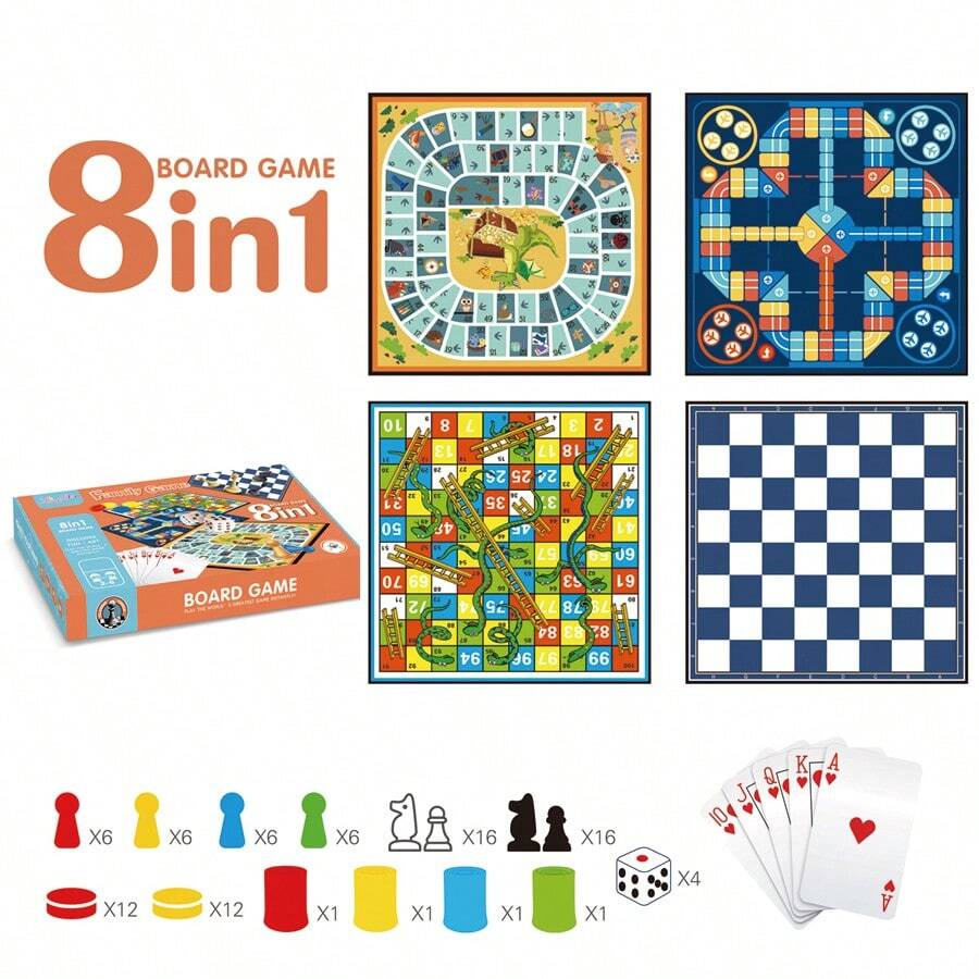 8-In-1 Board Game Set, Family Party Leisure Entertainment Board Game ...
