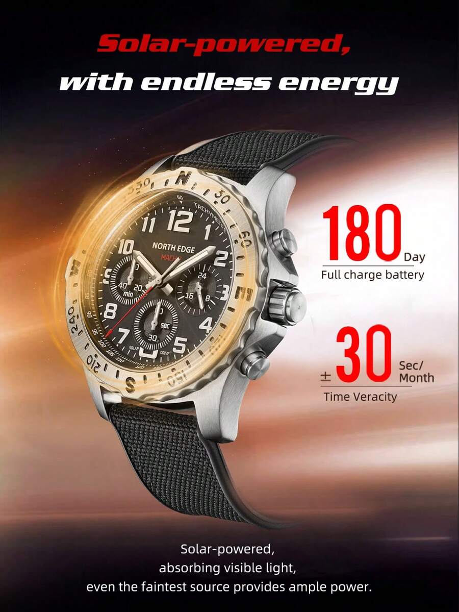 NORTH EDGE MACH-2 Solar Powered Watch For Men Waterproof 50M Men's ...