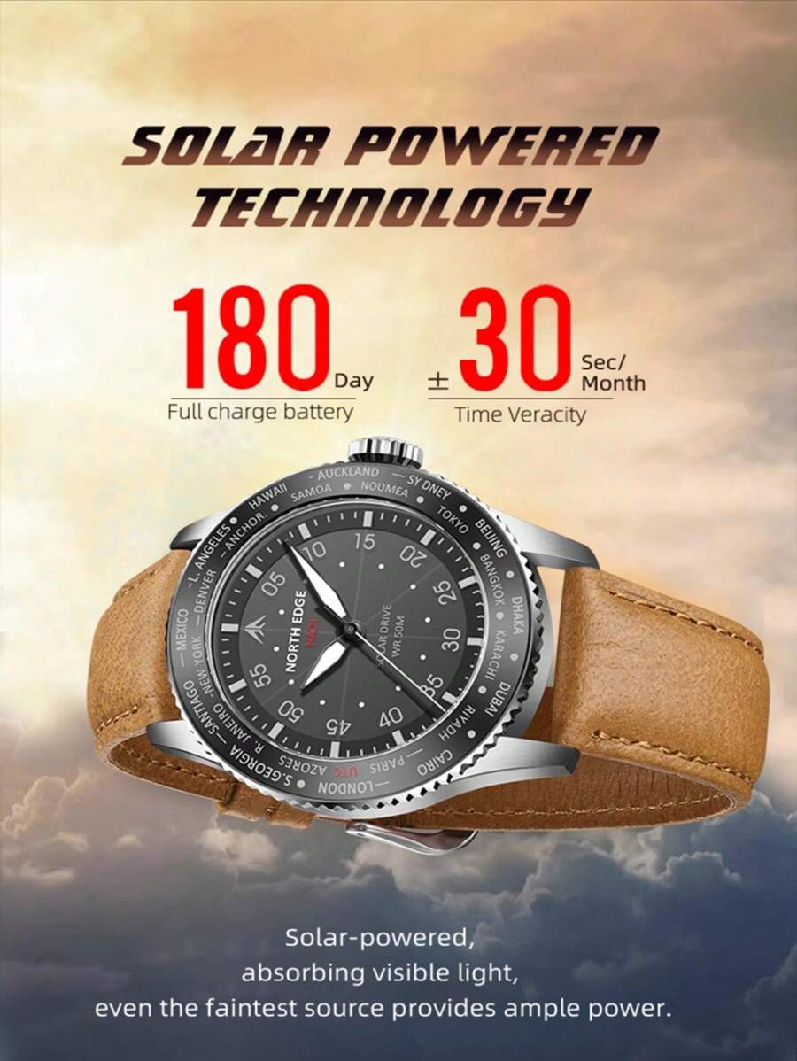 NORTH EDGE MACH Solar Powered Watch For Men Waterproof 50M Men's Pilot ...