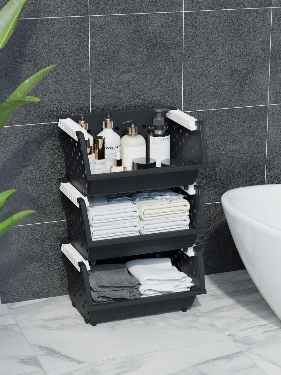 3 Pack Large Stacking Storage Baskets, Open Front Plastic Stackable ...