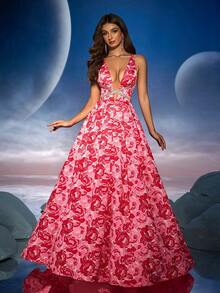 Anymoon V-Ausschnitt Neckholder Floraler Jacquard Abendkleid, geeignet ...