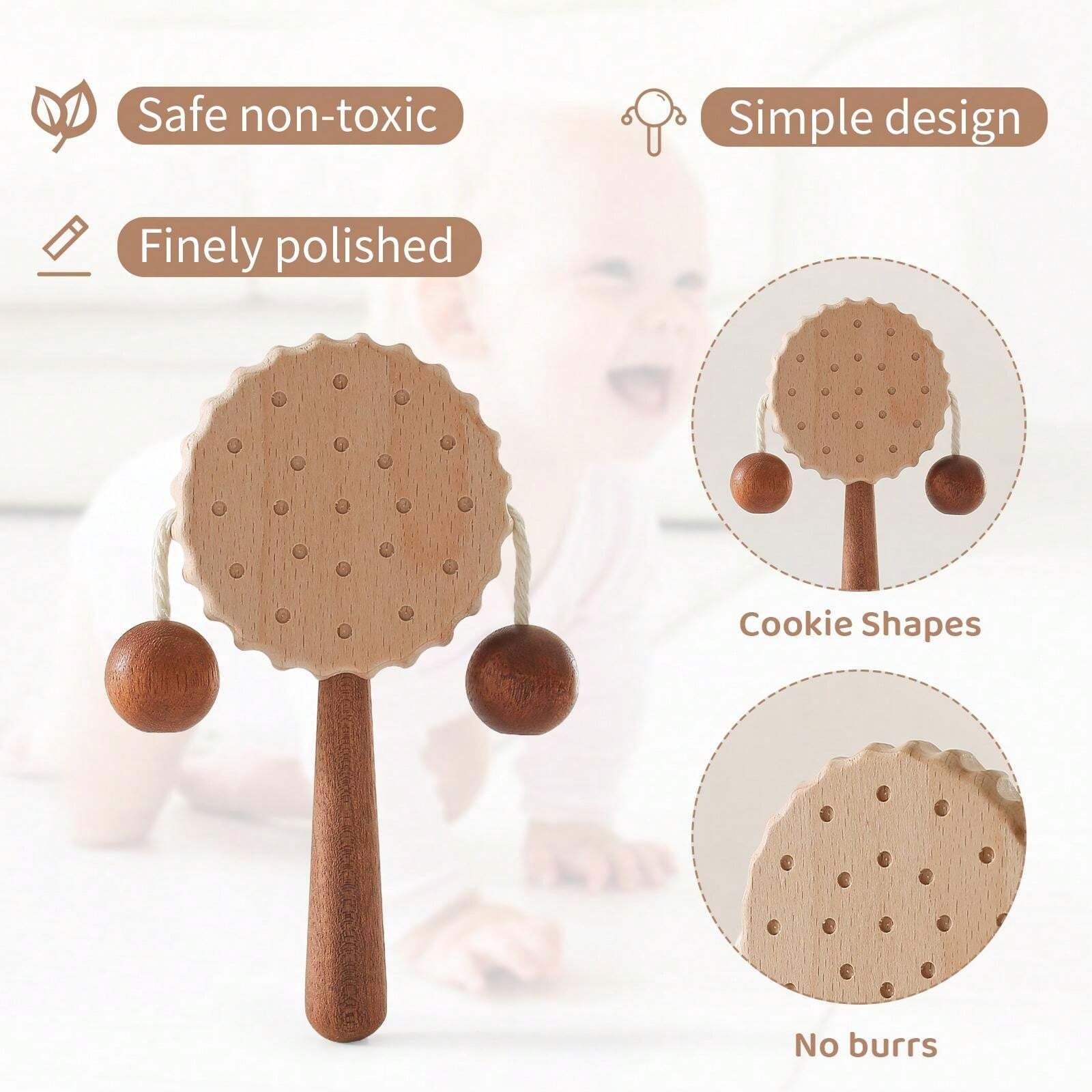 Infant Natural Wooden Cookie Shaped Baby Rattle, Auditory Stimulation ...