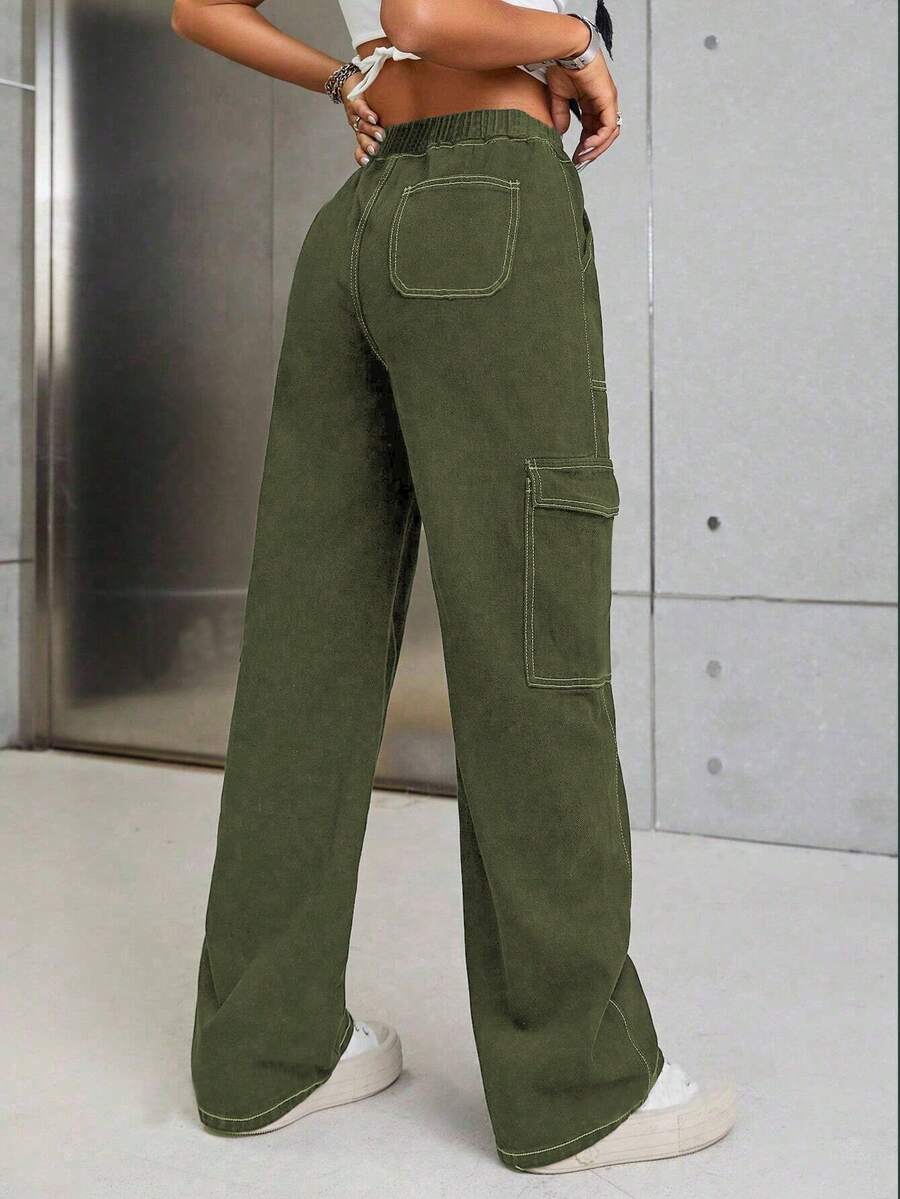 1pc Teen Girl Vintage-Style Casual Front Pocket Denim-Like Cargo Pants ...