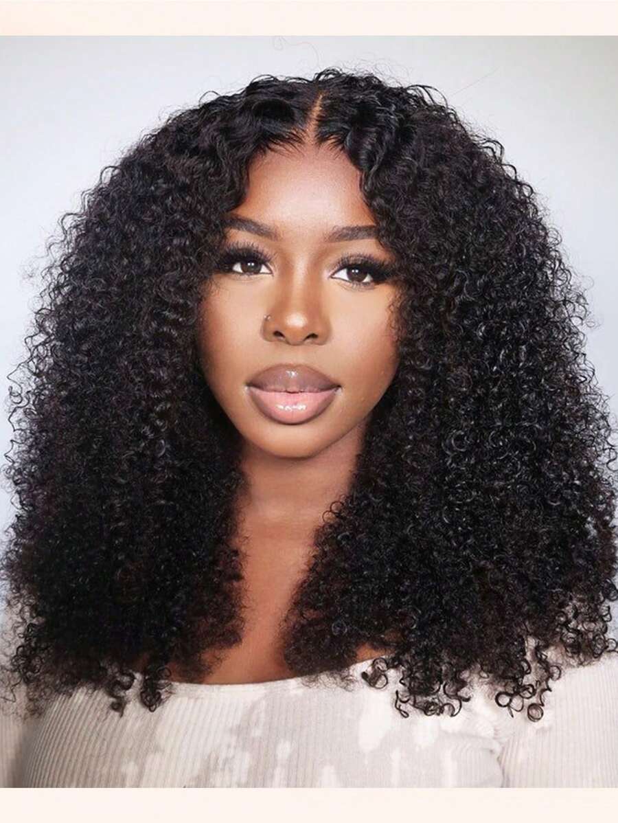 Peluca estilo bob con raya en V, cabello humano rizado afro, sin dejar ...