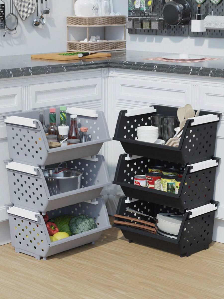 3 Pack Large Stacking Storage Baskets, Open Front Plastic Stackable ...