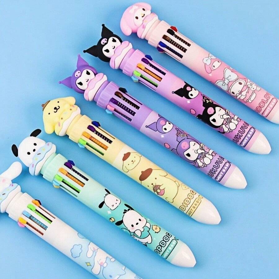 Sanrio 1pc Sanrio 10-Color Cartoon Character Retractable Pen (1 Pen With 10 Colors), Suitable ...