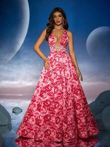 Anymoon V-Ausschnitt Neckholder Floraler Jacquard Abendkleid, geeignet ...