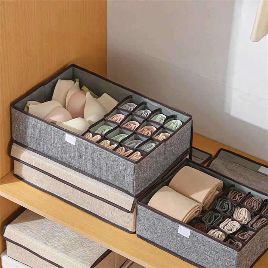 Divided Storage Box With Lid, Foldable Drawer Style Linen-Look Fabric ...