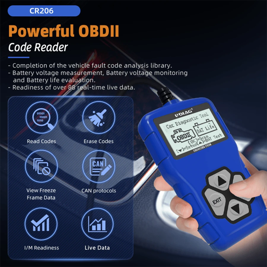 udiag UDIAG CR206 OBD2 Scanner With Battery Test,Car Scan Check Engine ...