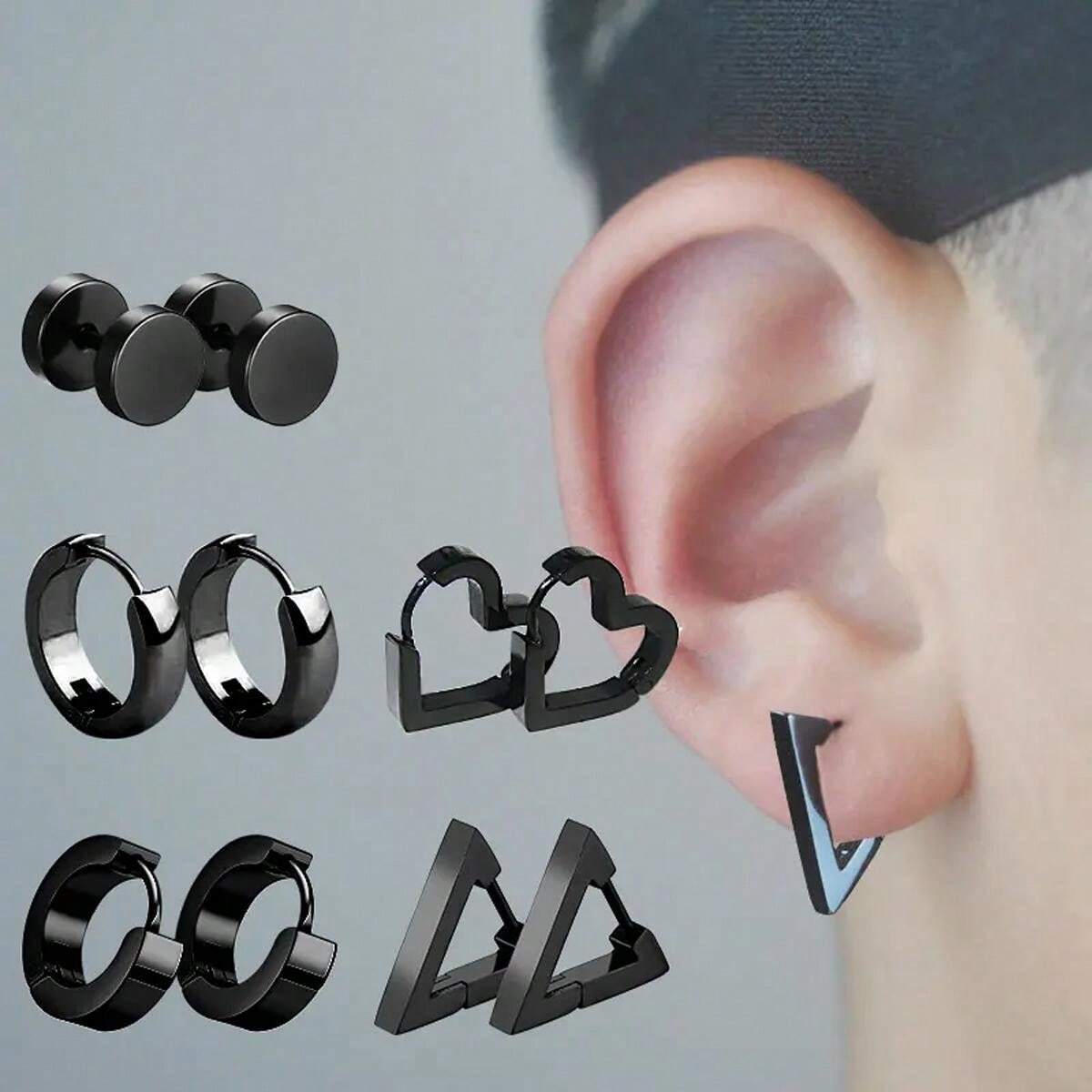 5pairs Men's Black Stud Earrings Set Stainless Steel Huggie Ear ...