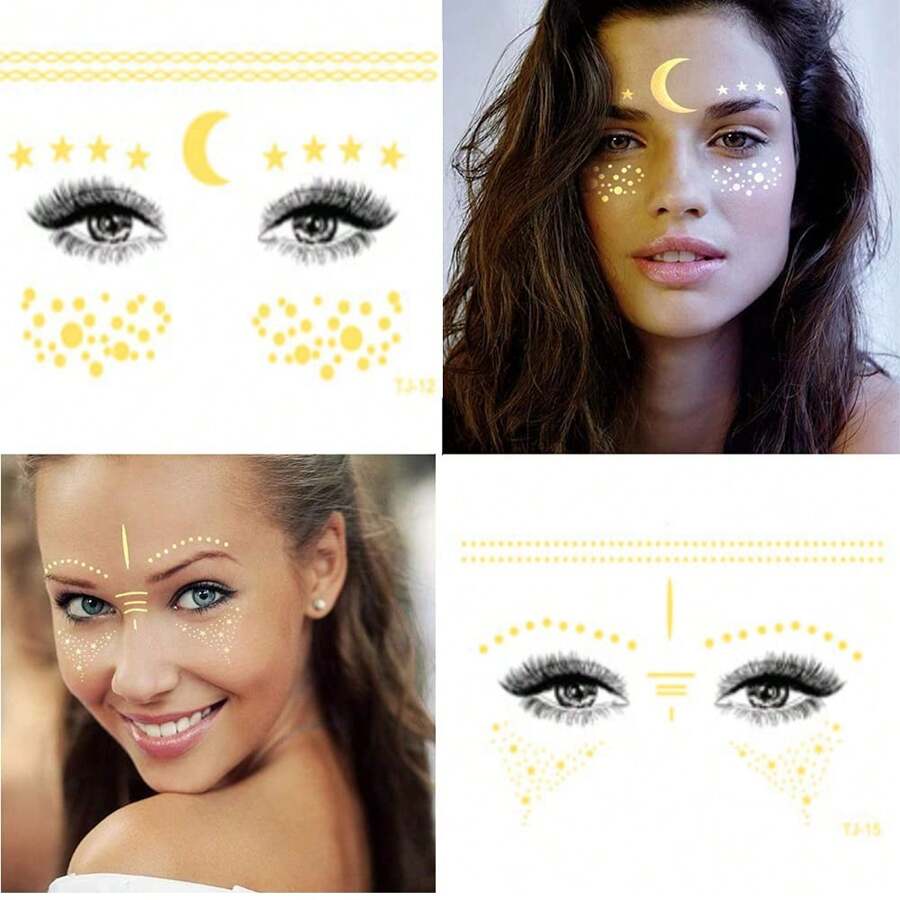 18 Sheets Gold Face Tattoos For Shiny Flash Glitter Eye Halloween Face ...