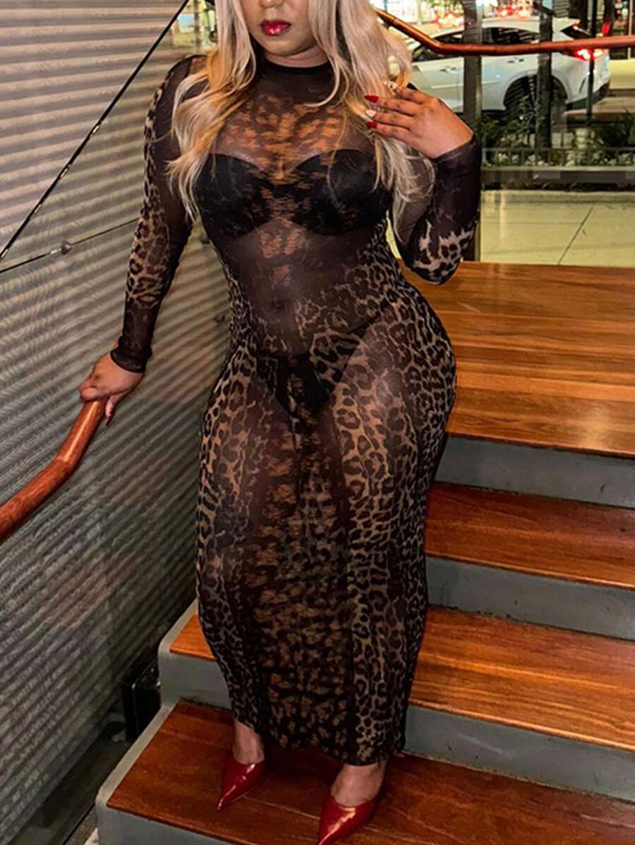 Street Cool Girl Style Long Sleeve Leopard Print Mesh Sheer See-Through ... Street Cool Girl Style Long Sleeve Leopard Print Mesh Sheer See-Through ...