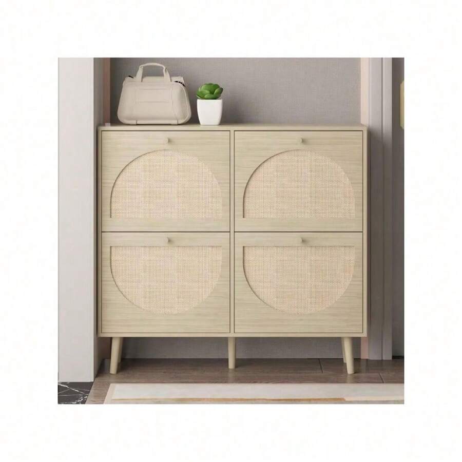 4 Drawers Shoe Cabinet Rattan Shoe Rack Shoe Storage Cupboard Organizer ...