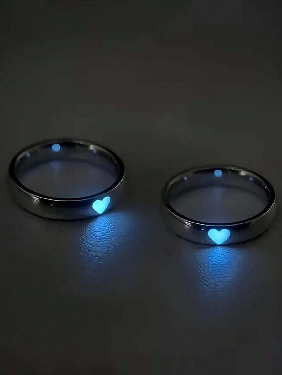 2pcs/Set Adjustable Glowing Heart Shaped Couple Rings, Pink & Blue ...