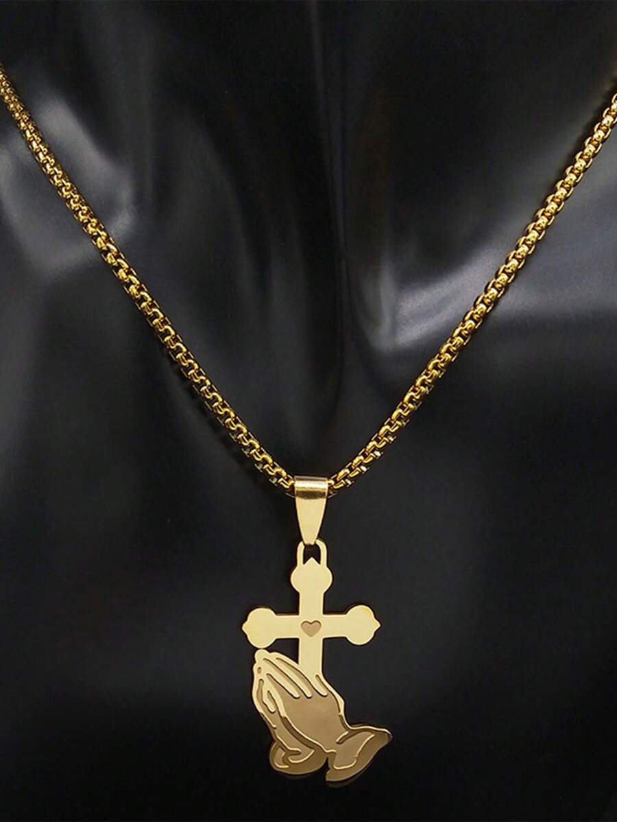 Jesus Cross Praying Hand Stainless Steel Chain Necklaces For Men Gold Color Catholic Religious ...
