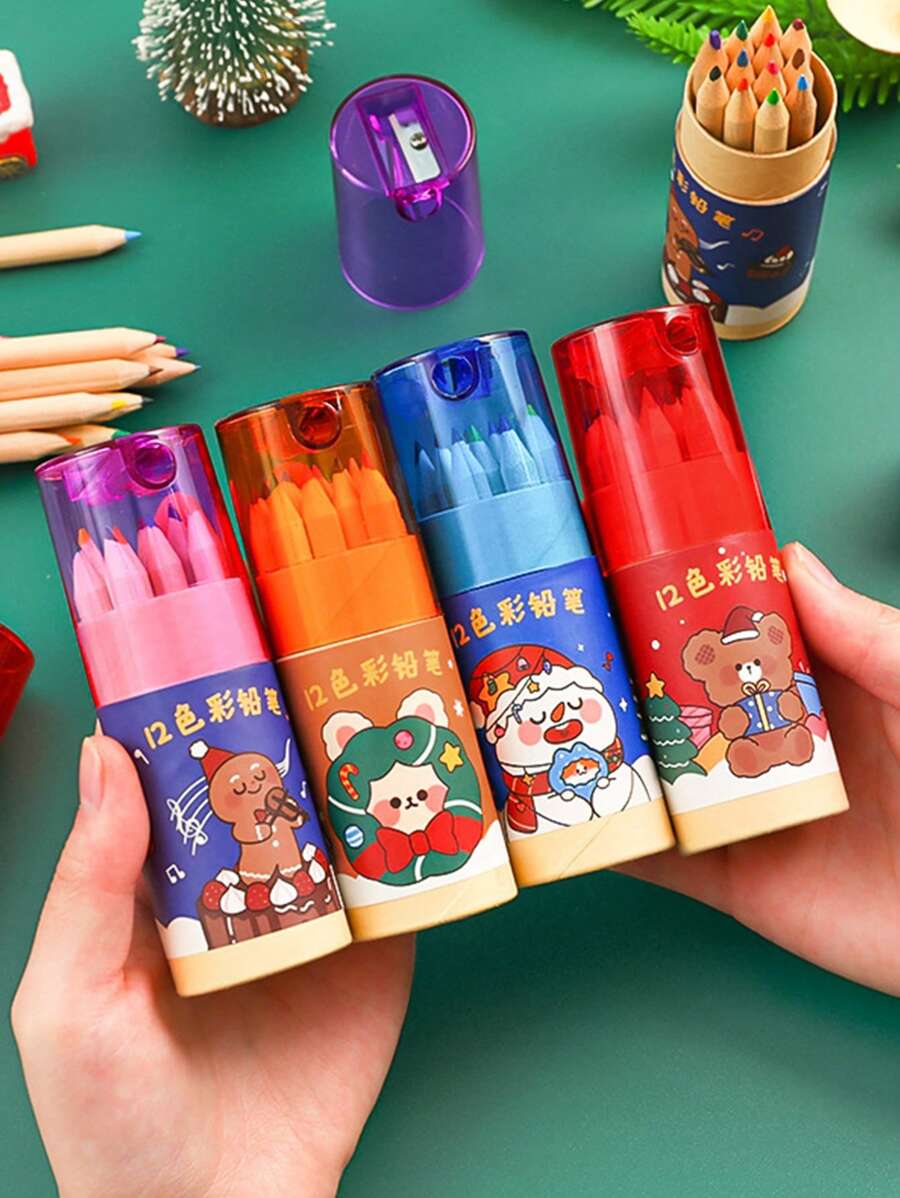 12pcs Christmas 12-Color Colored Pencil Set, Cartoon Colored Pencils ...